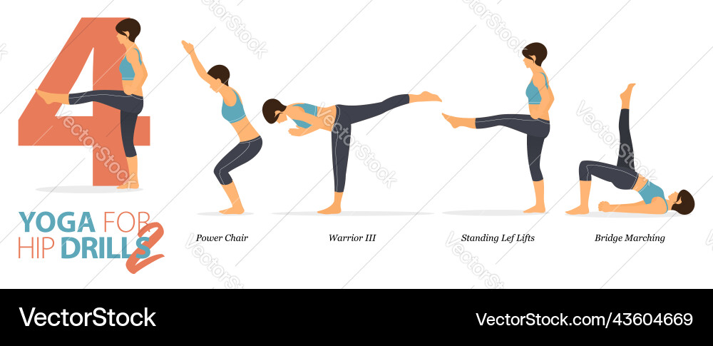 4 yoga poses exercise for hip drills concept Vector Image