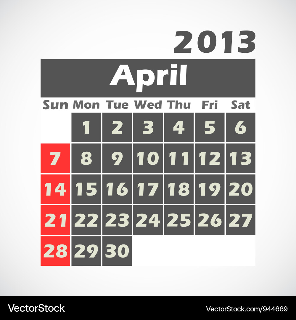 April 2013 Calendar Royalty Free Vector Image - VectorStock