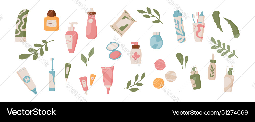 Flat organic cosmetic product and tool set Vector Image