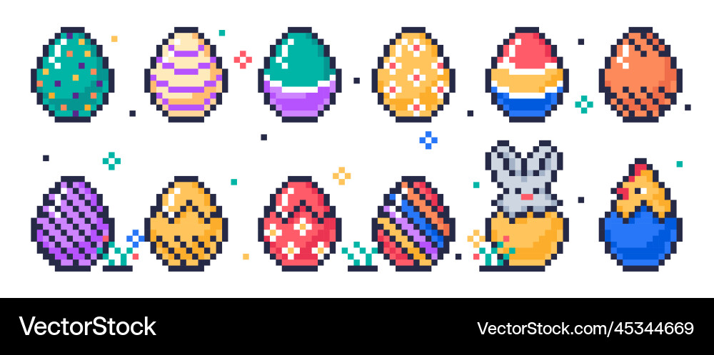 Pixel easter eggs painted chicken 8bit Royalty Free Vector
