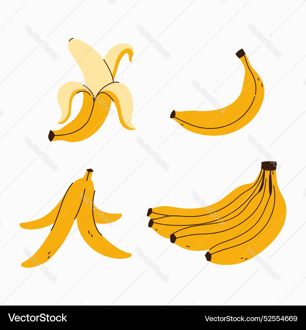 Set of bananas peeled banana bunch Royalty Free Vector Image