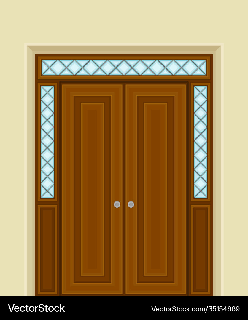 Wooden double door with ornamental side window Vector Image