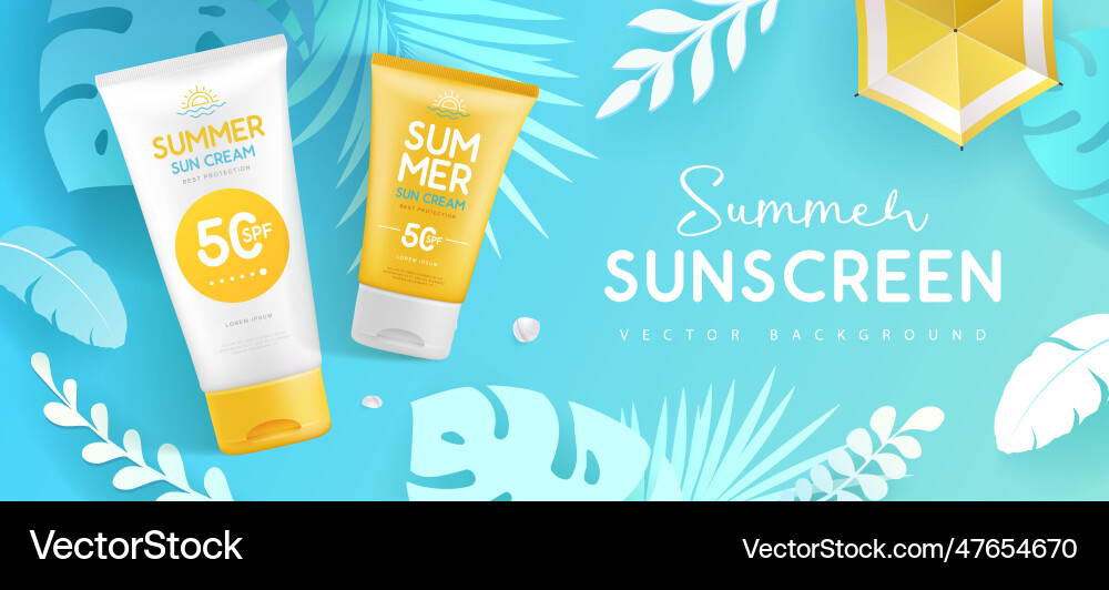 Top view summer background with 3d sunscreen tubes