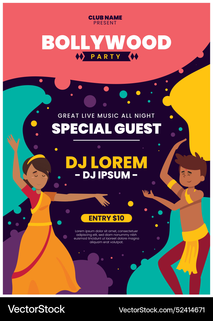 Bollywood party poster template with dancers Vector Image