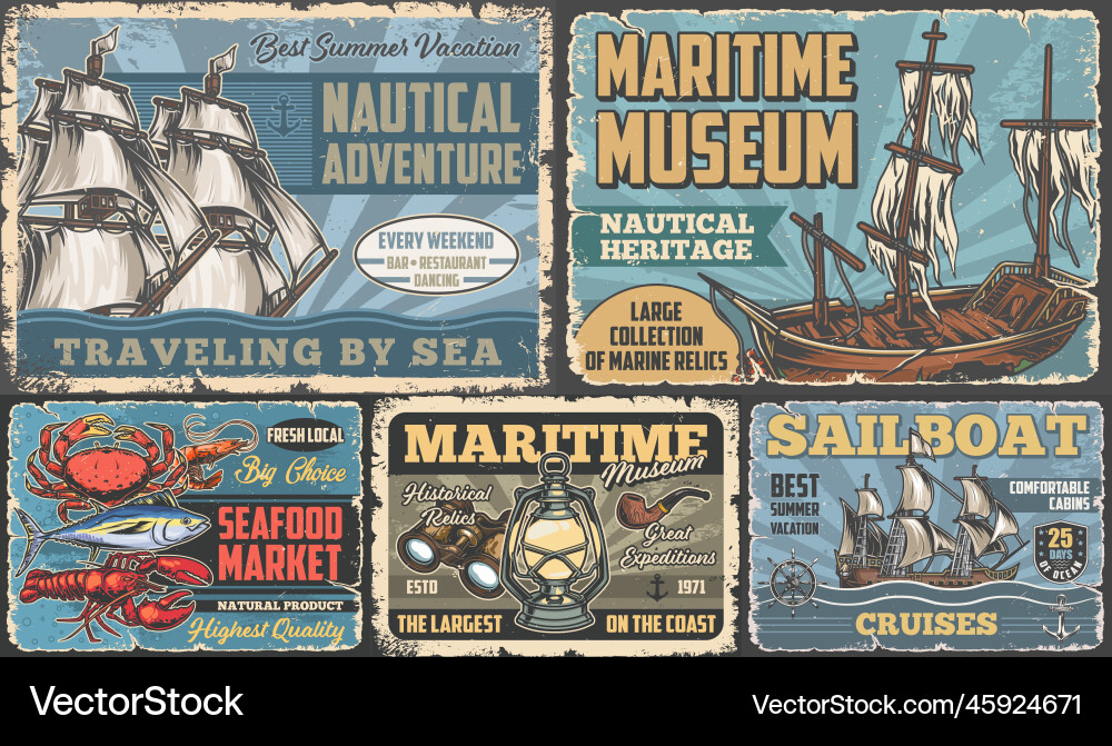 Ocean travel colorful set flyers Royalty Free Vector Image