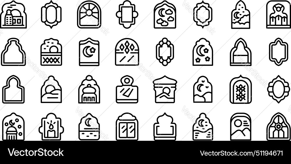 Shape islamic window icons set outline Royalty Free Vector