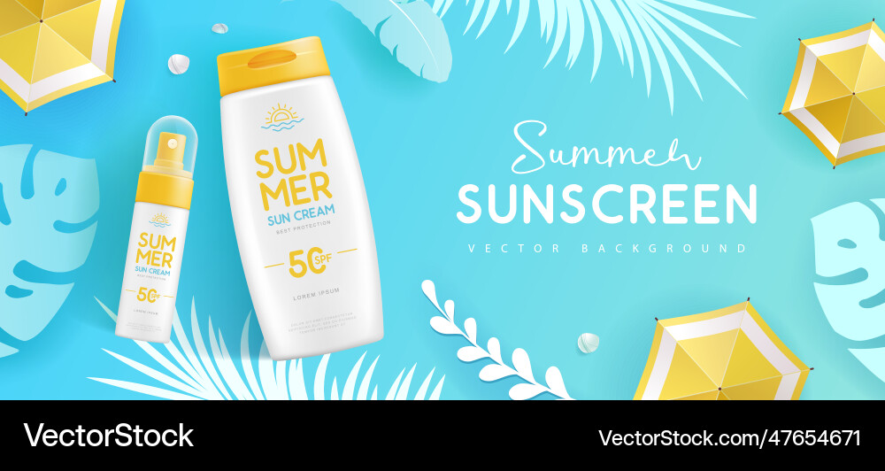 Top view summer background with 3d sunscreen tubes