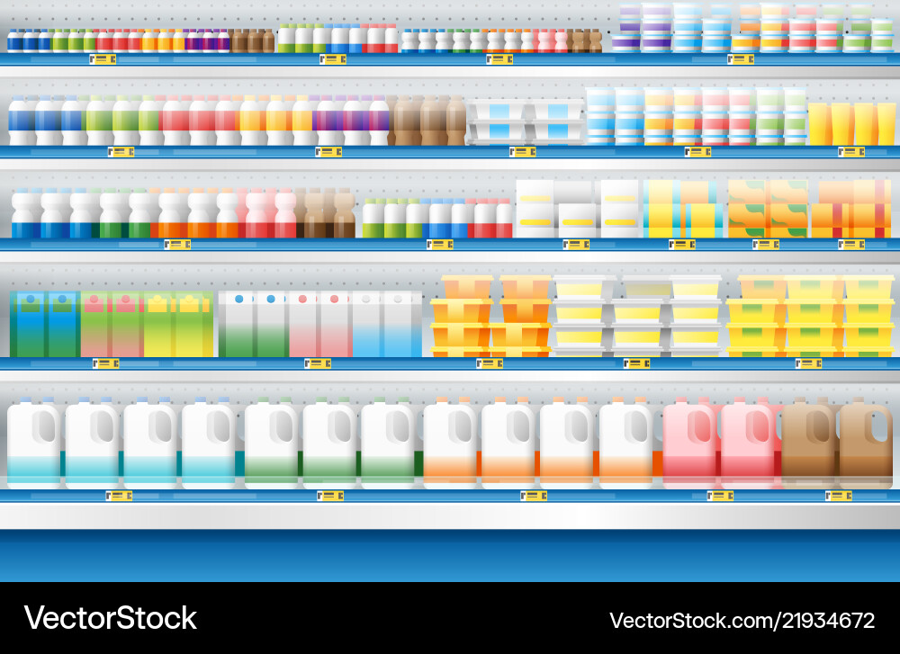 Dairy products display on shelf in supermarket Vector Image