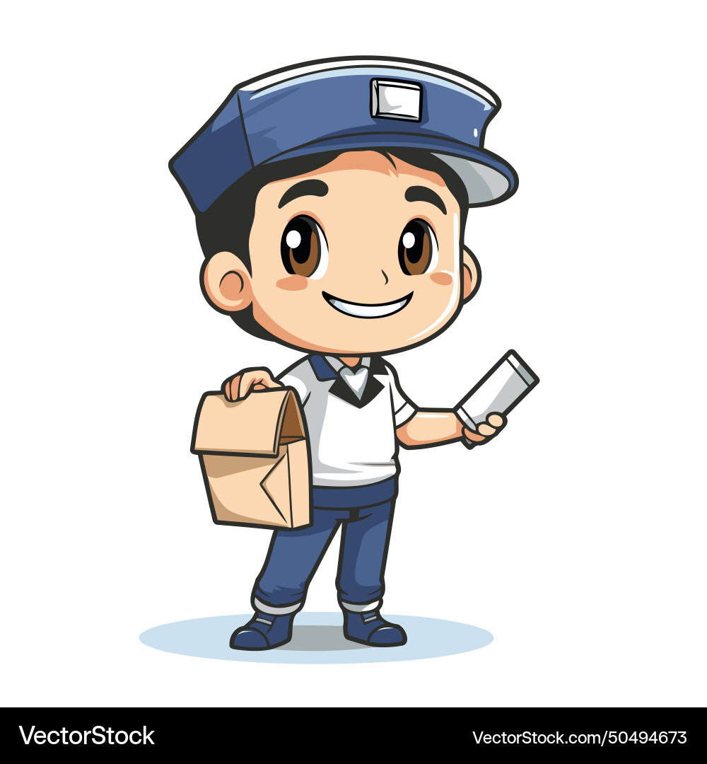 Postman with a box and mobile phone Royalty Free Vector