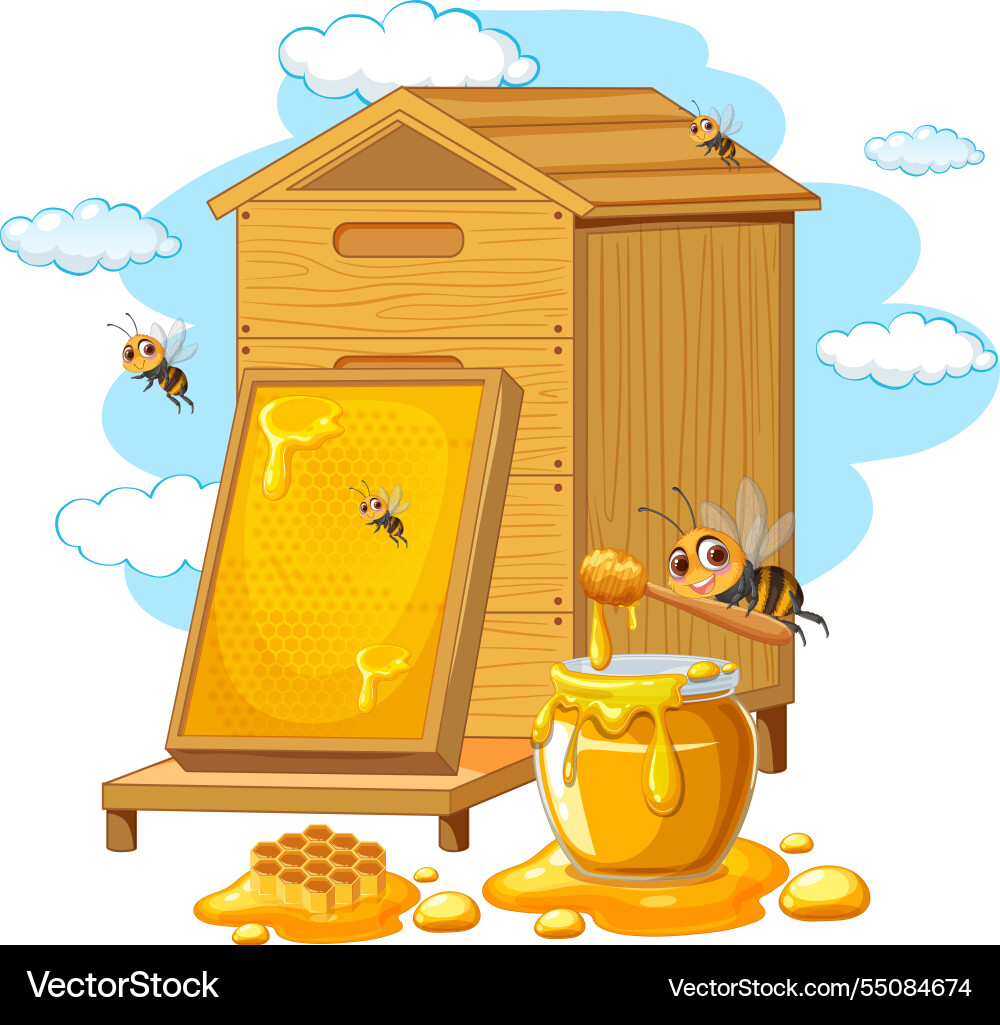 Bees buzzing around a hive with honey jars Vector Image