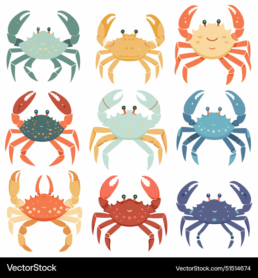 Collection colorful crabs various patterns hues Vector Image