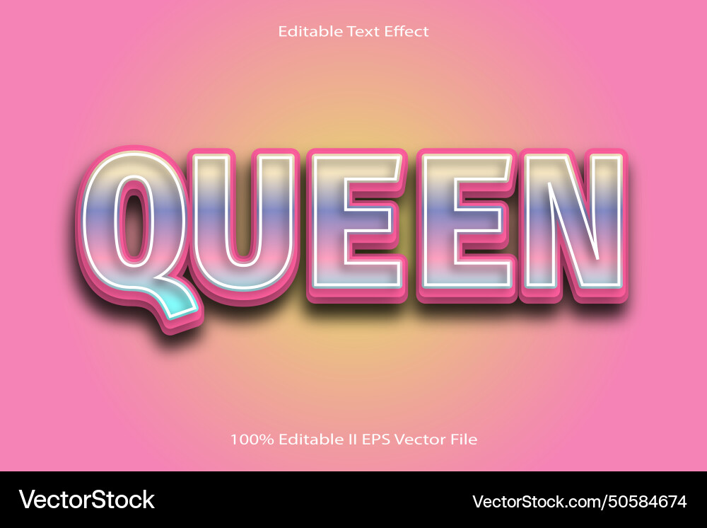 Queen editable text effect 3d emboss cartoon Vector Image