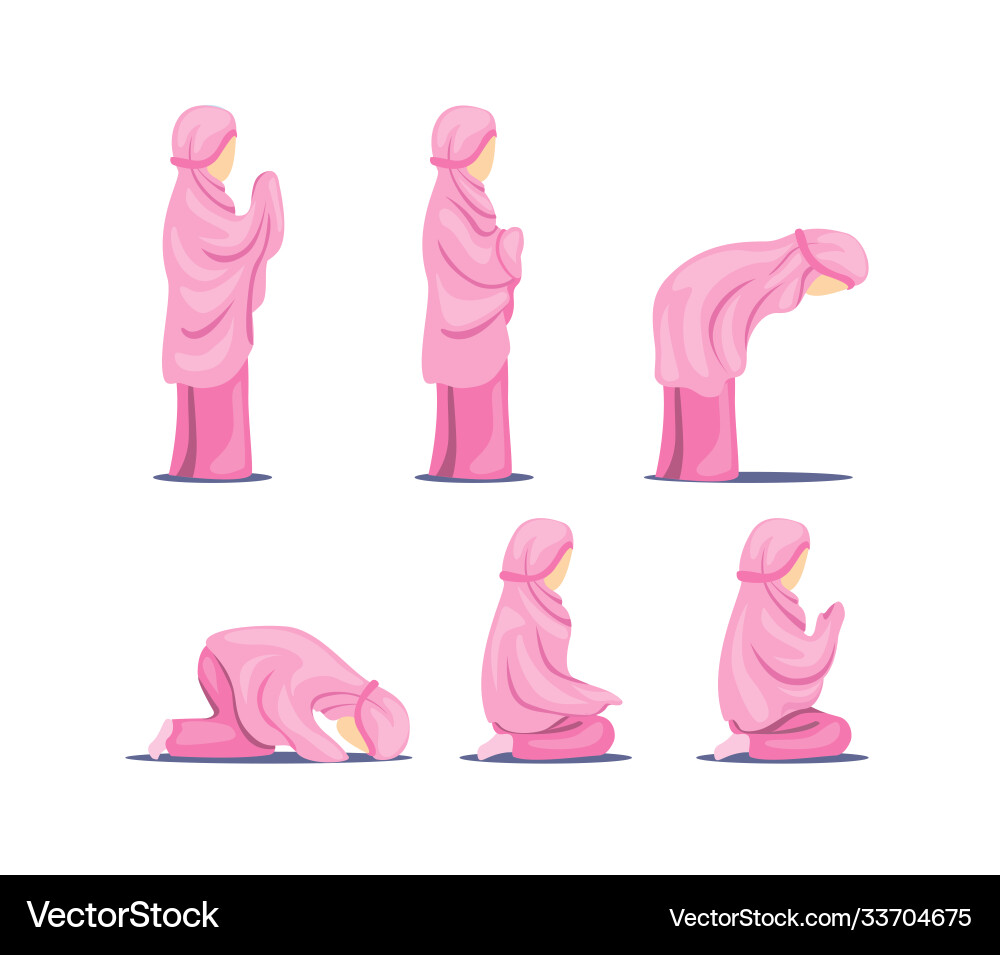 Muslim female praying position step guide Vector Image