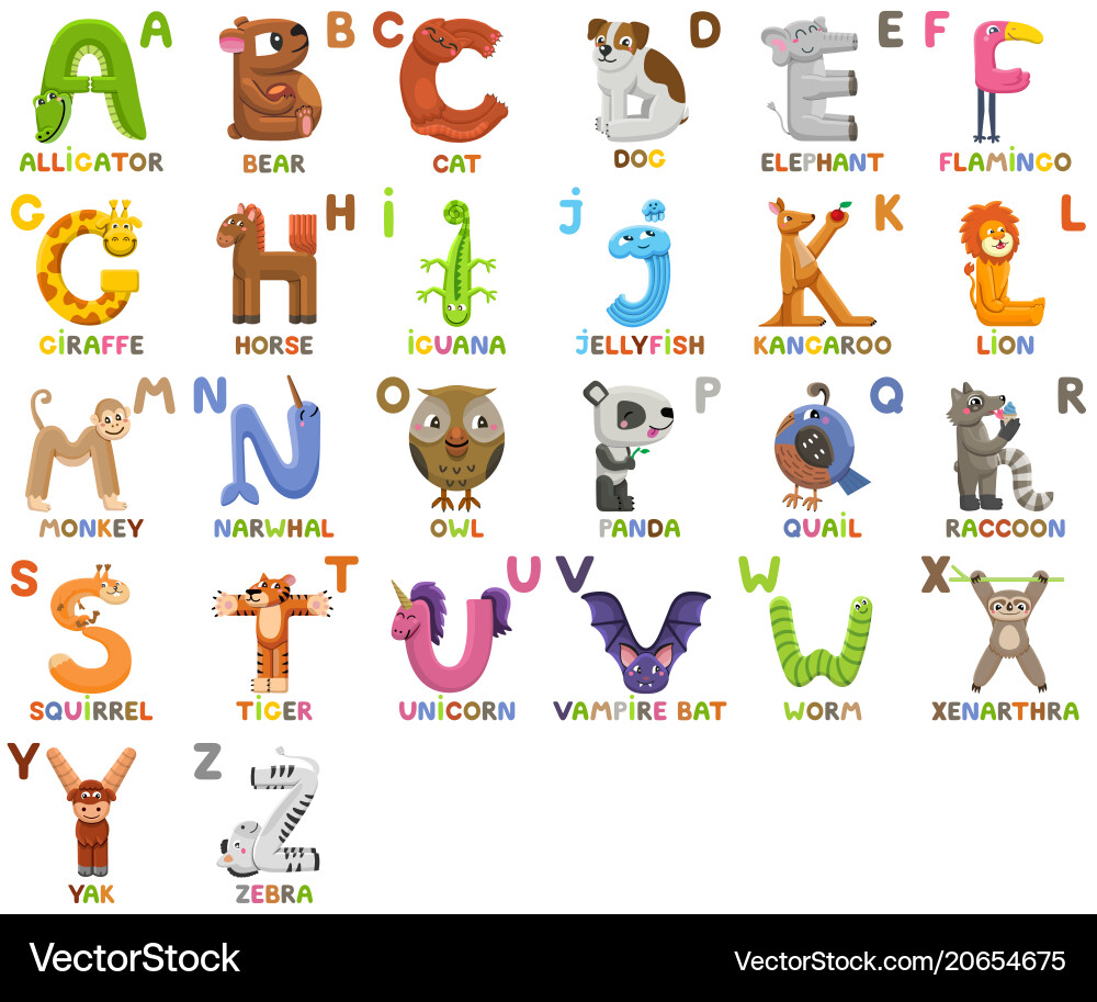 Zoo Animal Alphabet Letters A-Z Royalty Free Vector Image