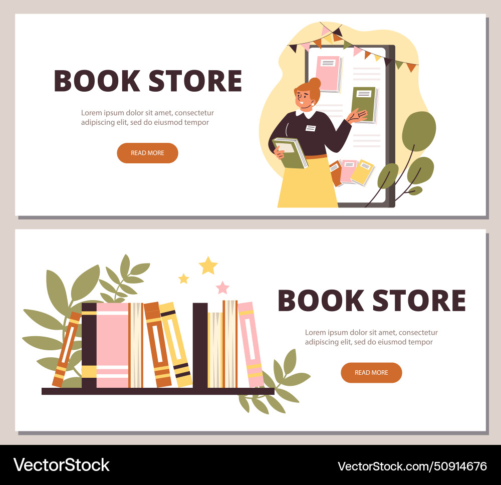 Book store flyers set bookshelf Royalty Free Vector Image