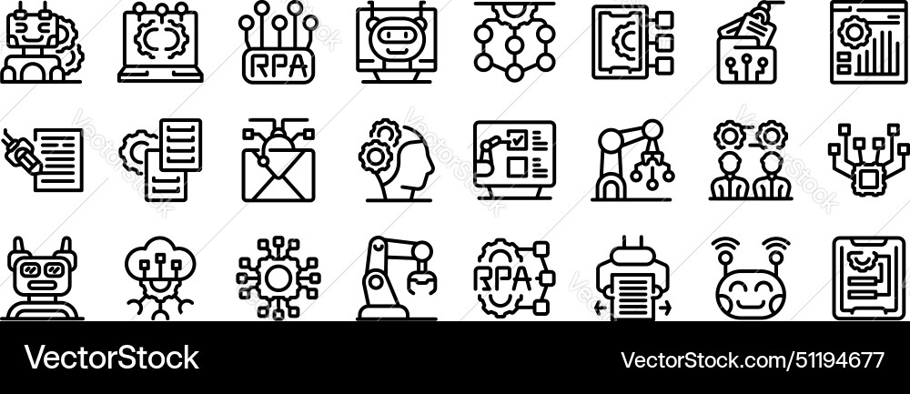 Rpa icons set outline robotic process Royalty Free Vector