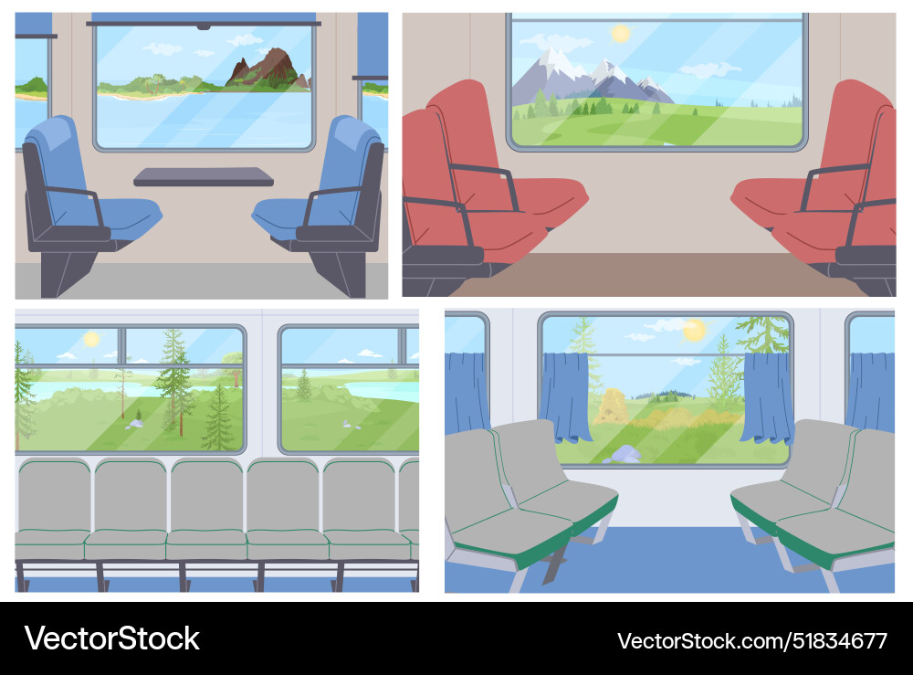 Train interior with comfortable seats flat cartoon