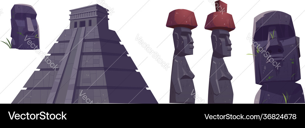 Cartoon ancient moai statues and mayan pyramids Vector Image