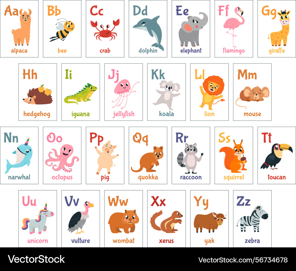 Children alphabet cards with animals educational Vector Image