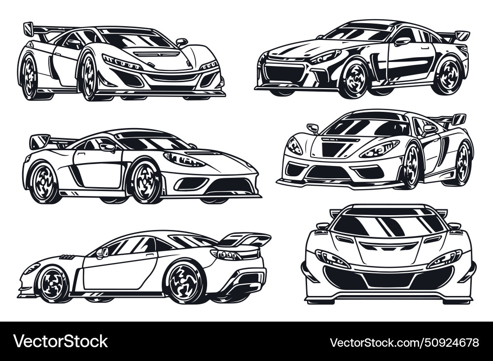 Racing cars set logotypes monochrome Royalty Free Vector