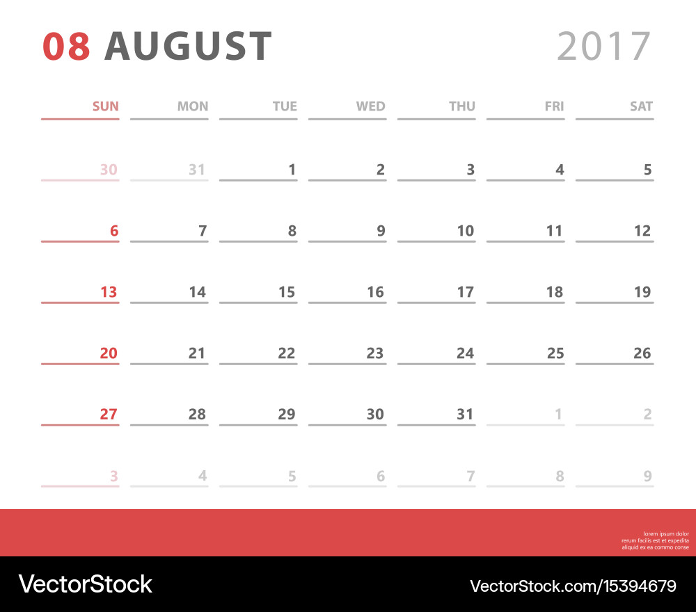 Calendar planner 2017 august week starts sunday Vector Image