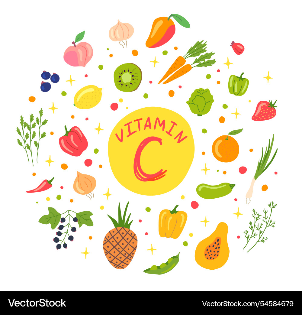 Cartoon color vitamin c sources concept banner Vector Image