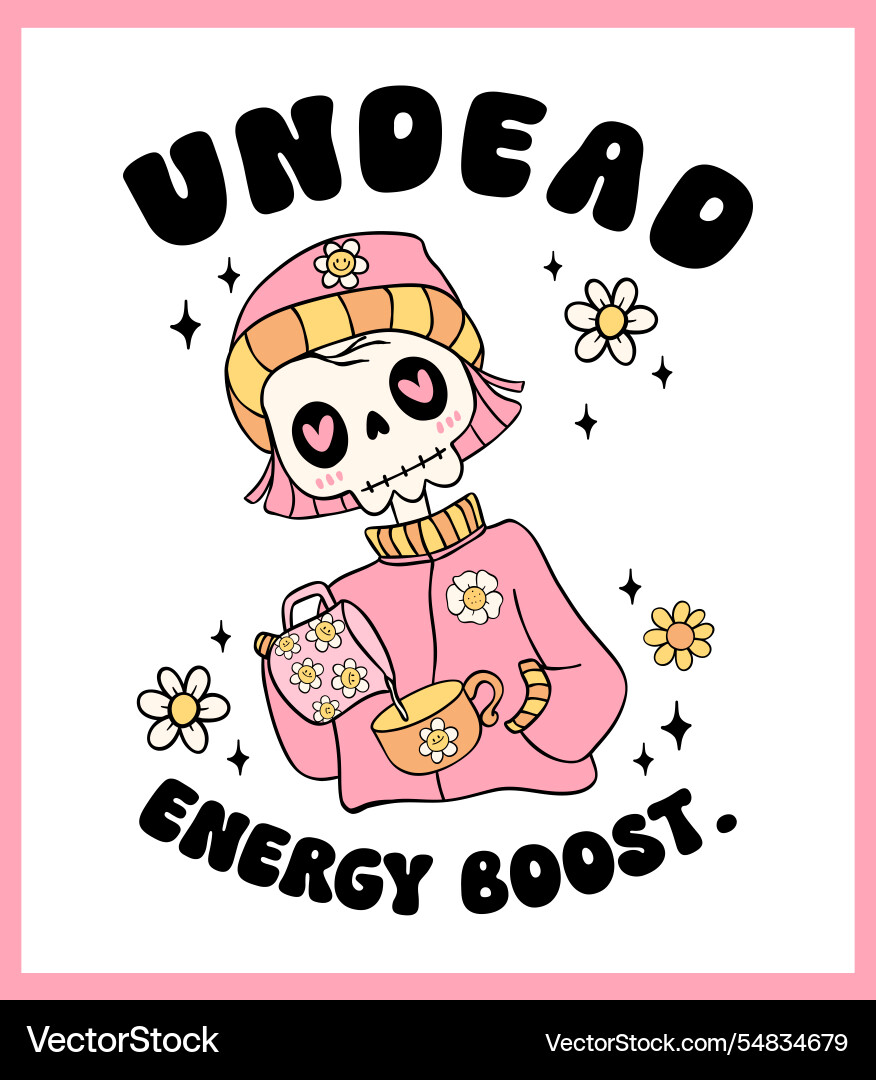 Cute groovy retro skeleton barista energy boost Vector Image