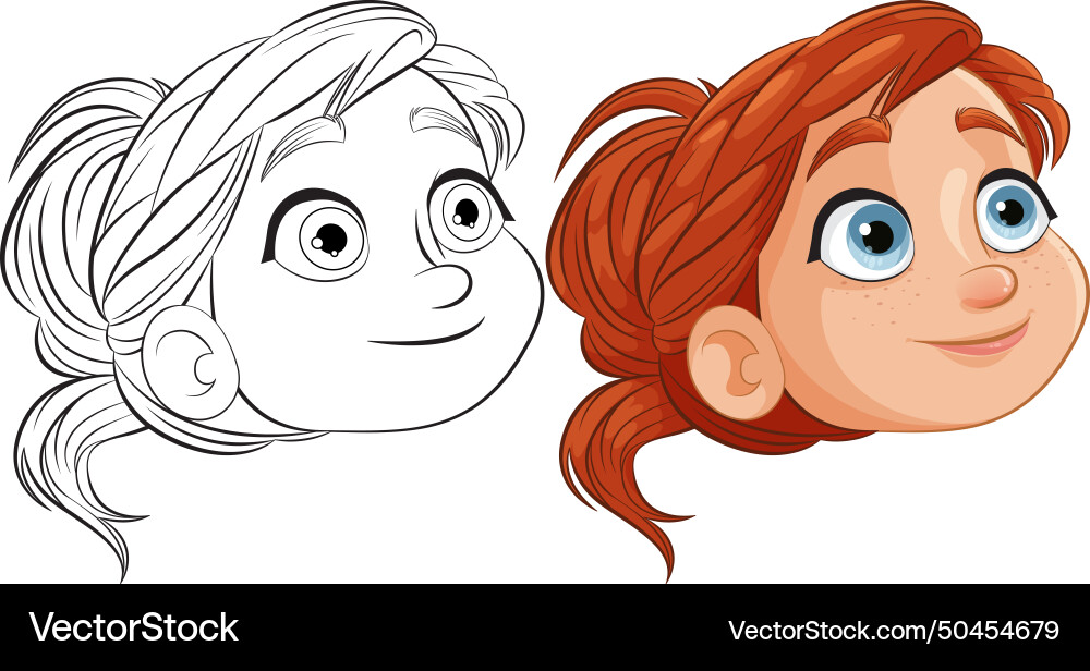 Two cartoon faces one colored and line art Vector Image