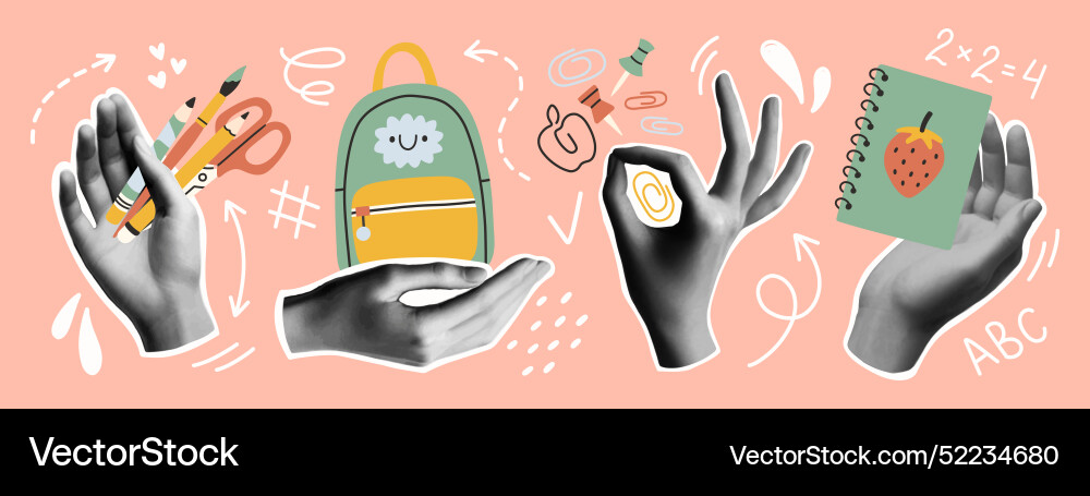 Back to school collage hands set trendy Royalty Free Vector