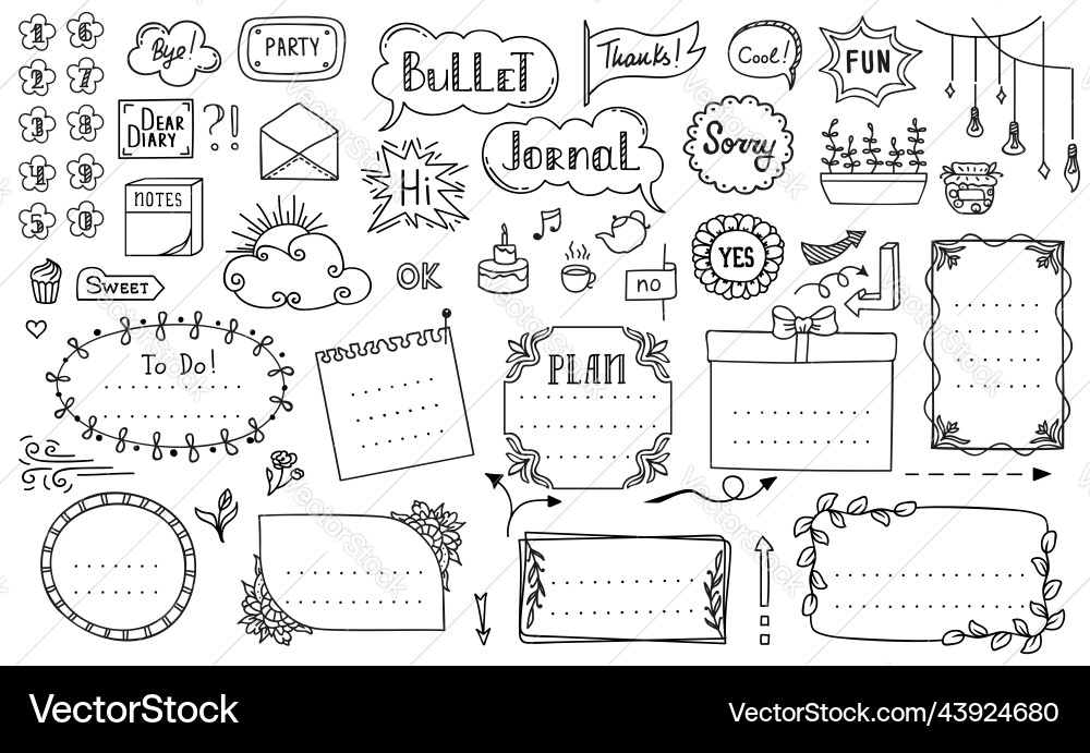 Doodle bullet journal diary notebook frames Vector Image