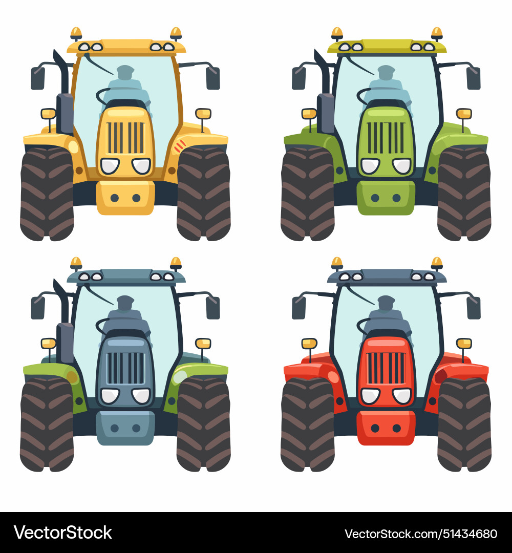 Four colorful cartoon tractors facing forward Vector Image
