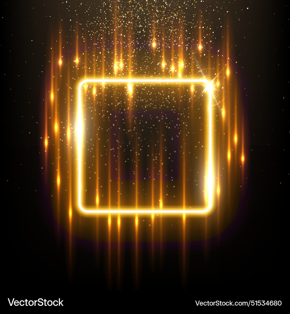 Gold square with flash rays and sparks Royalty Free Vector