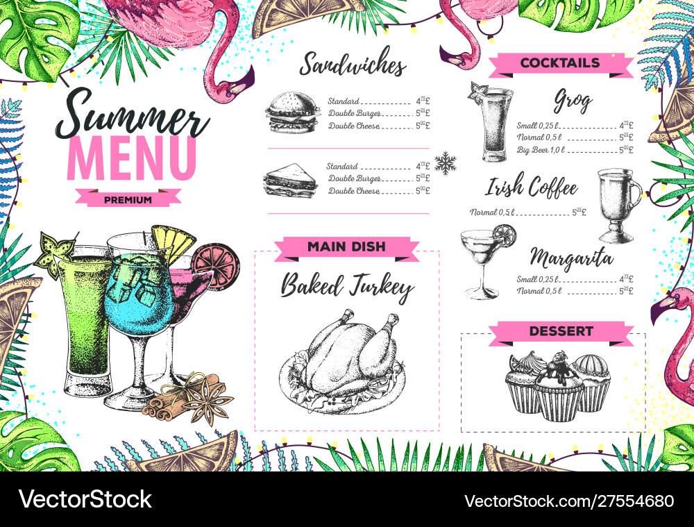 Restaurant summer menu design with tropic leaves Vector Image