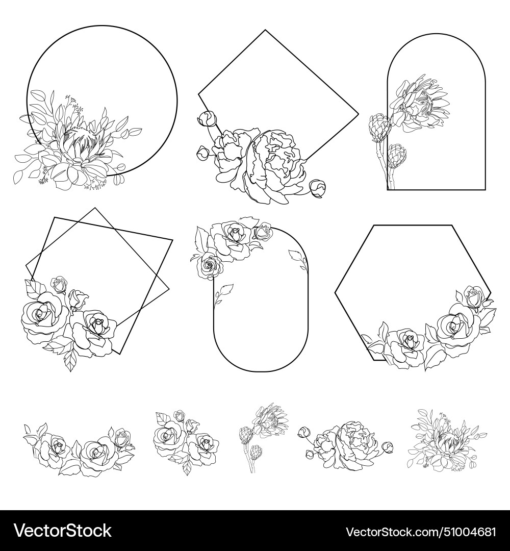 Hand drawn floral frames set sketch flower Vector Image