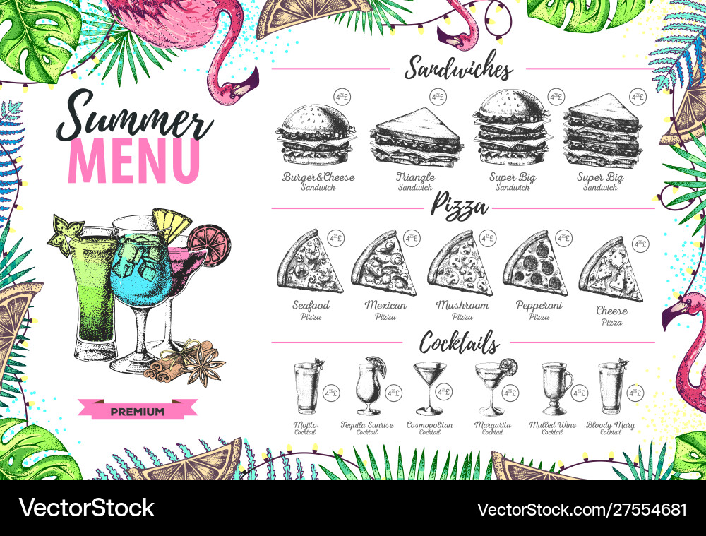 Restaurant summer menu design with tropic leaves Vector Image