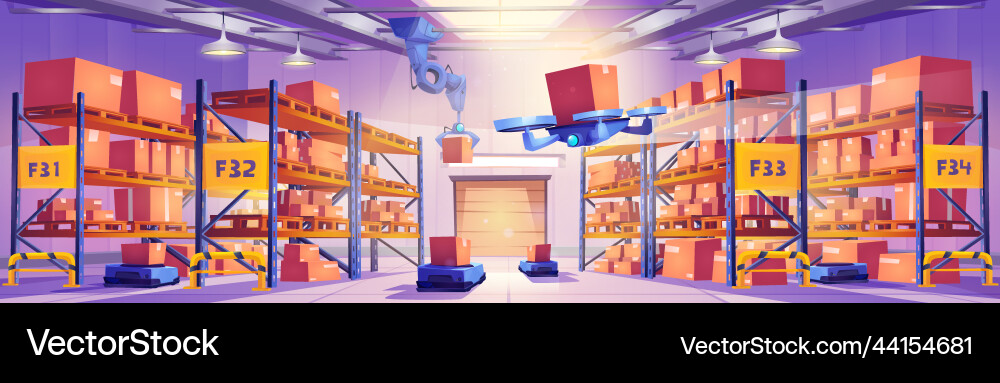 Robots in warehouse interior automated machines Vector Image