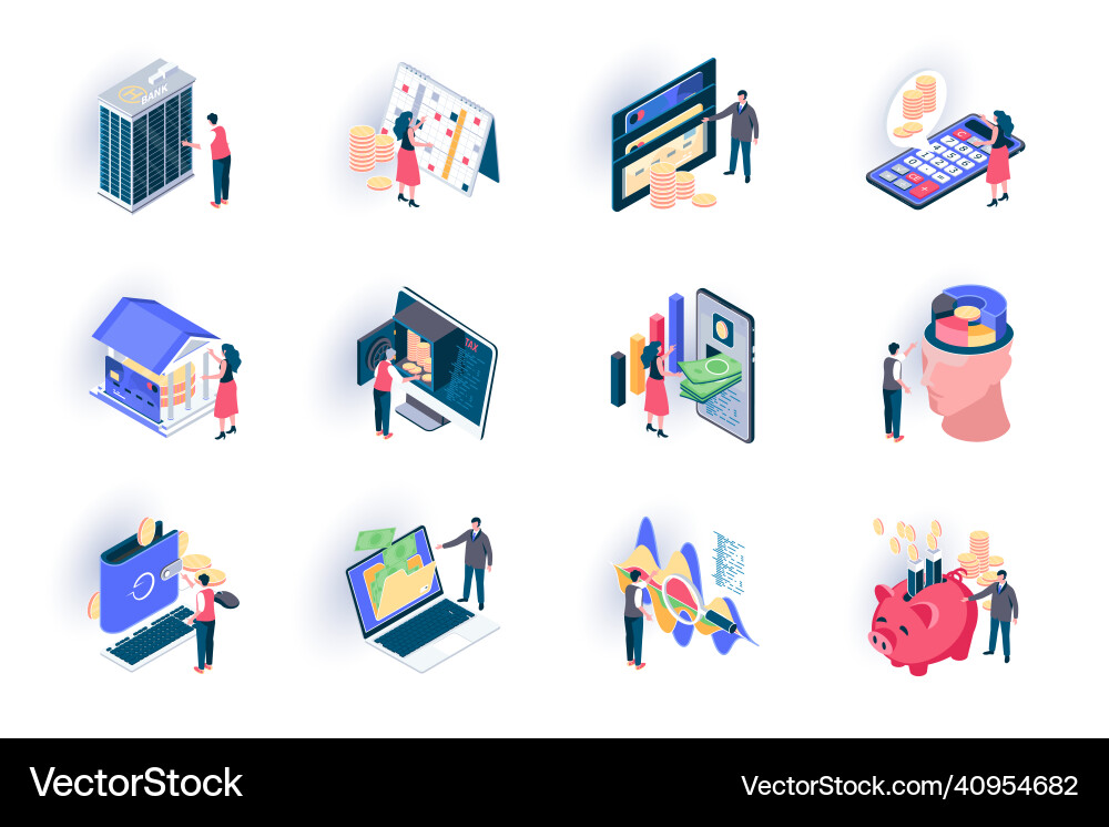 Banking service isometric icons set digital Vector Image