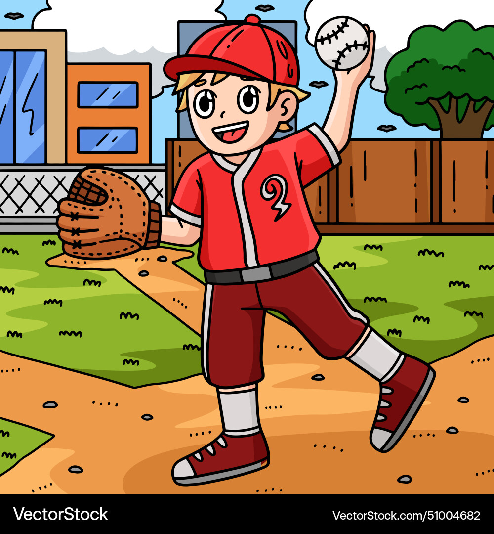 Baseball boy pitching colored cartoon Royalty Free Vector