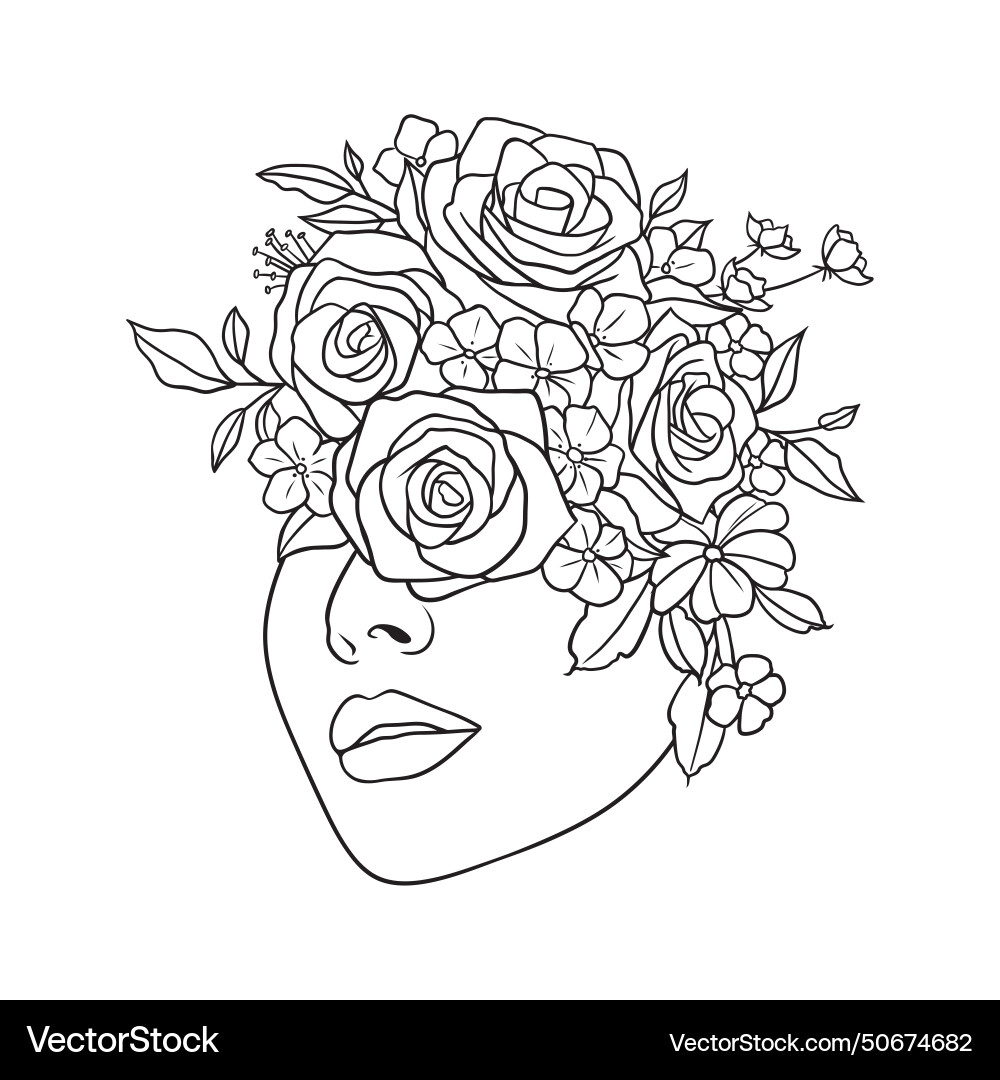 Beautiful womans face with flowers black Vector Image