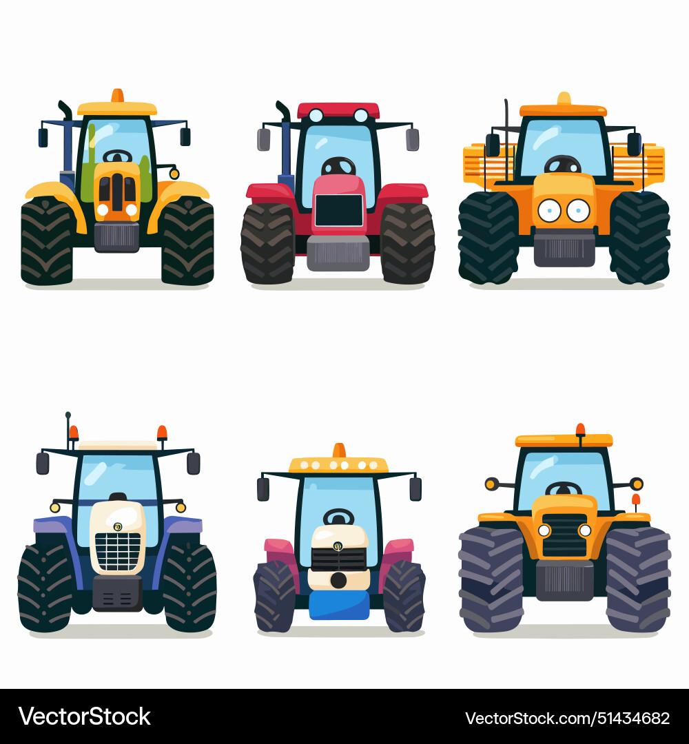 Six colorful cartoon tractors facing forward each Vector Image