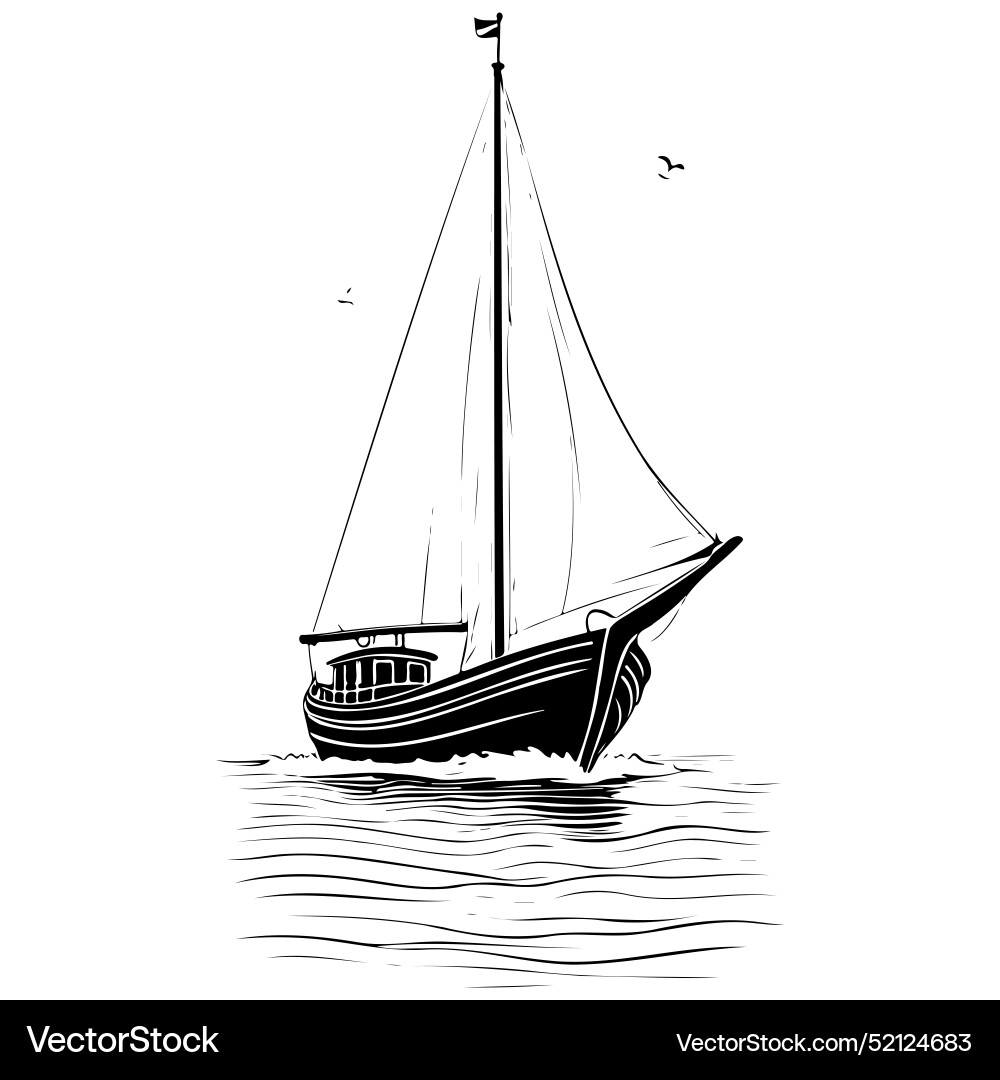 Boat drawing realistic hand line art Royalty Free Vector