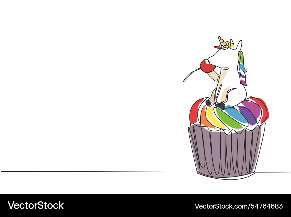 Continuous one line drawing cupcake with unicorn Vector Image