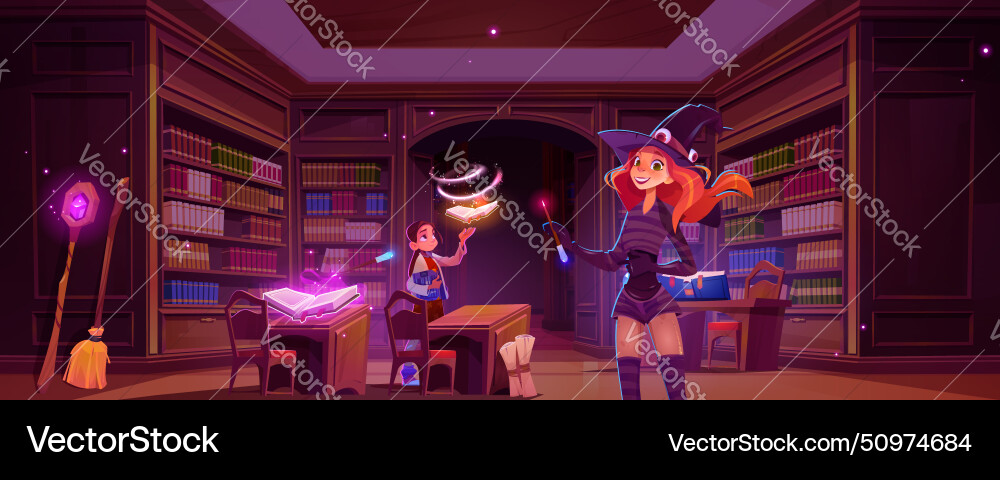 Magic library with wizard and witch students Vector Image