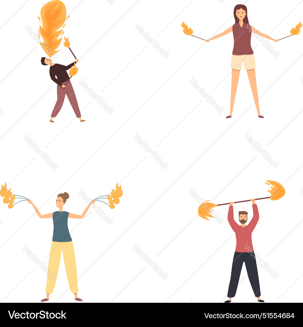 Set of diverse people performing fire tricks Vector Image