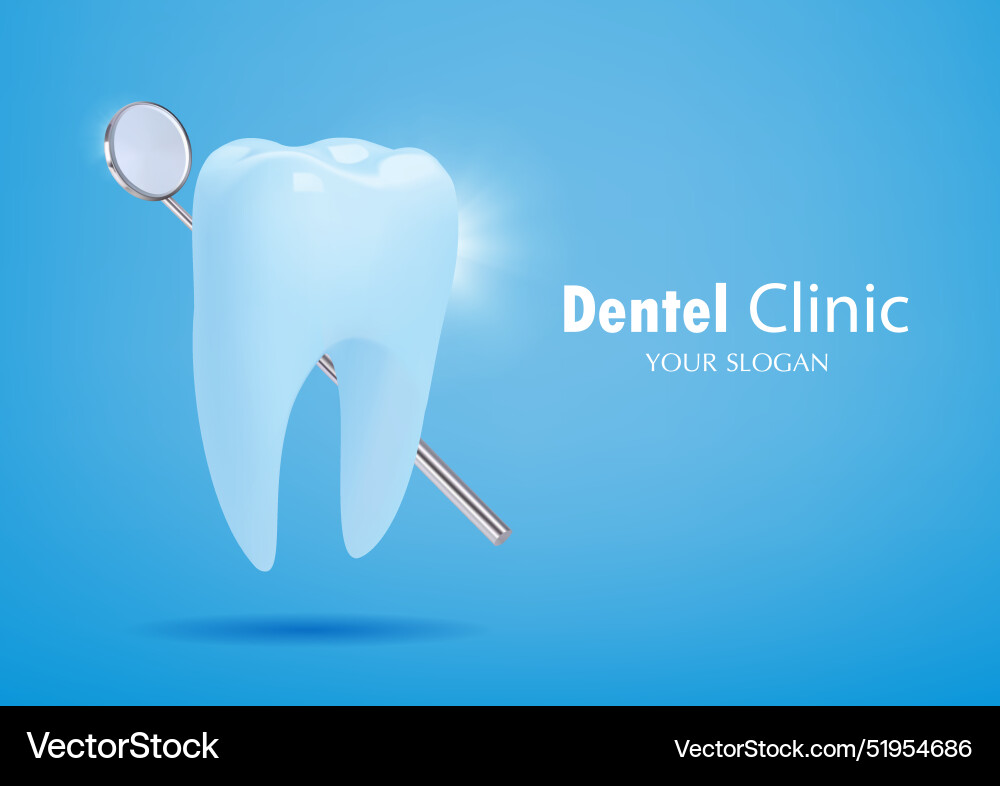 Big tooth and dentist mirror on blue background Vector Image