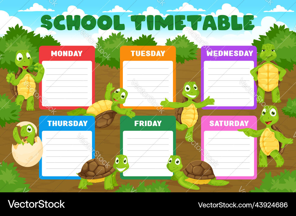 Education timetable schedule with cartoon turtles Vector Image