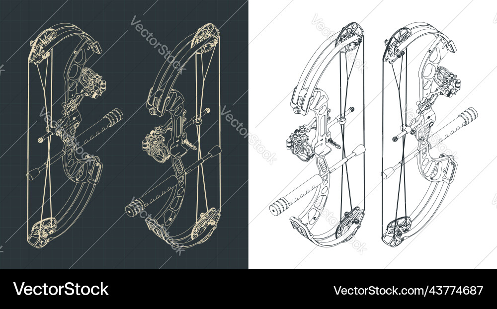 Compound hunting bow isometric blueprints Vector Image