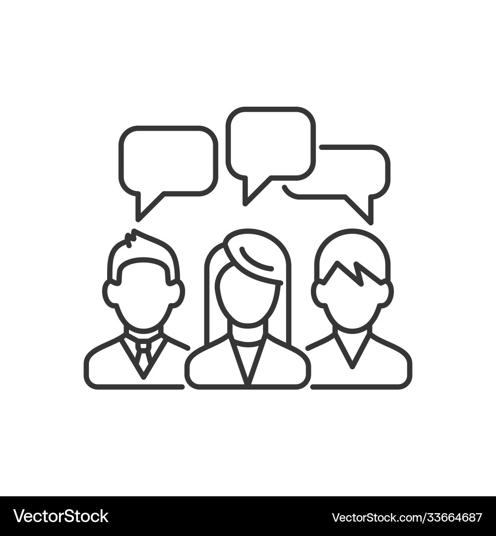 Three speaking people with chat bubbles under head