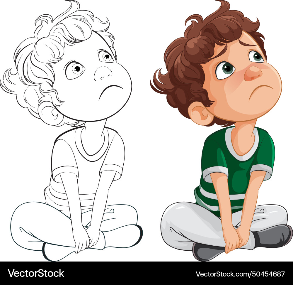 Two kids sitting looking thoughtful and worried Vector Image