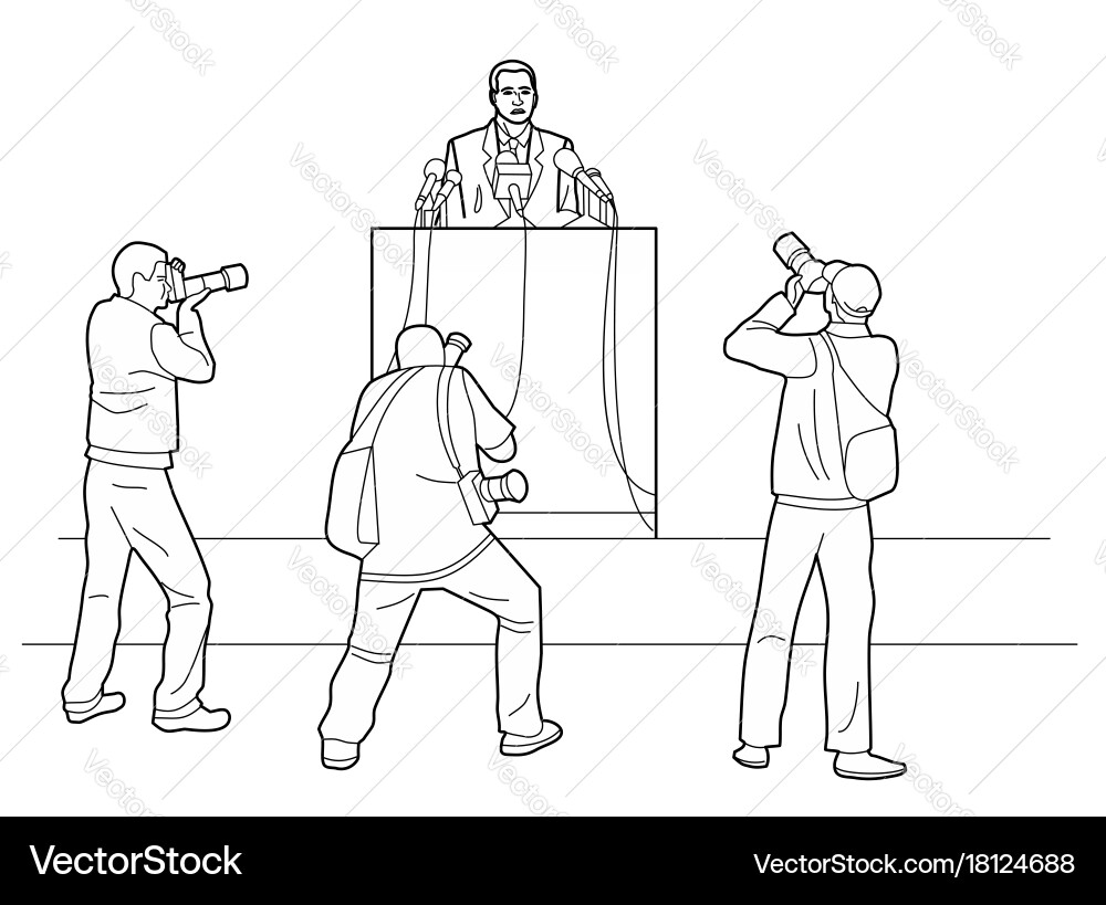 Orator stands behind a podium with microphones Vector Image